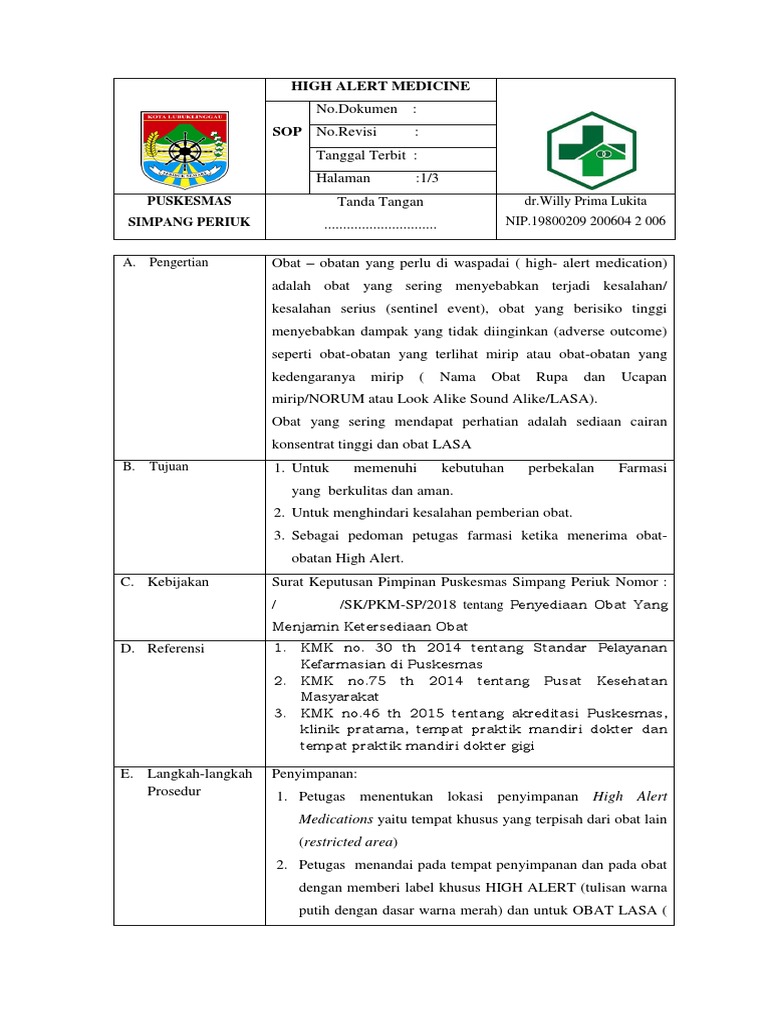 Sop High Alert Medicine | PDF