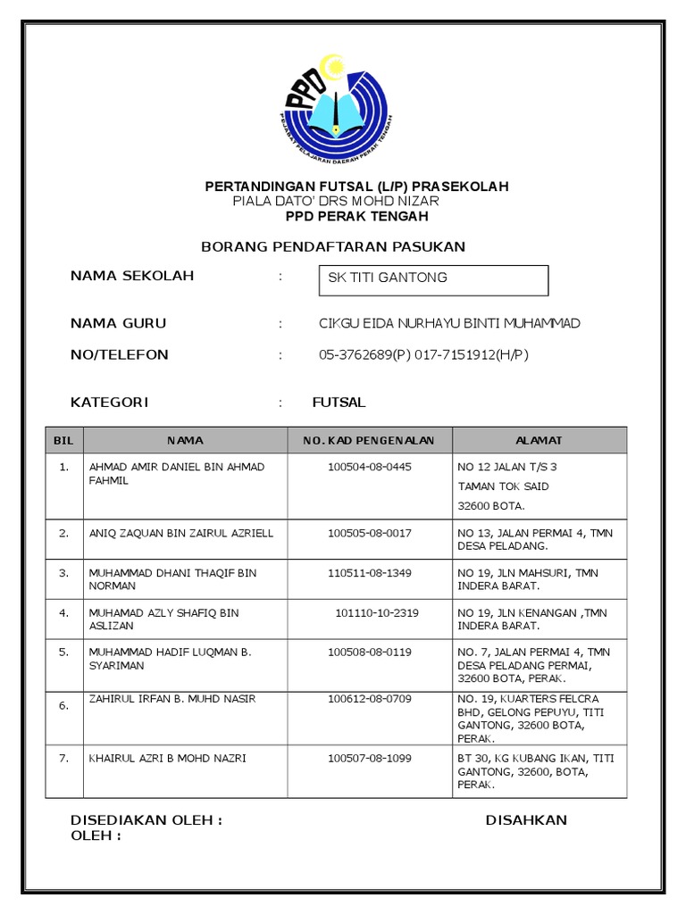 Pertandingan Futsal (L/P) Prasekolah PPD Perak Tengah Borang ...