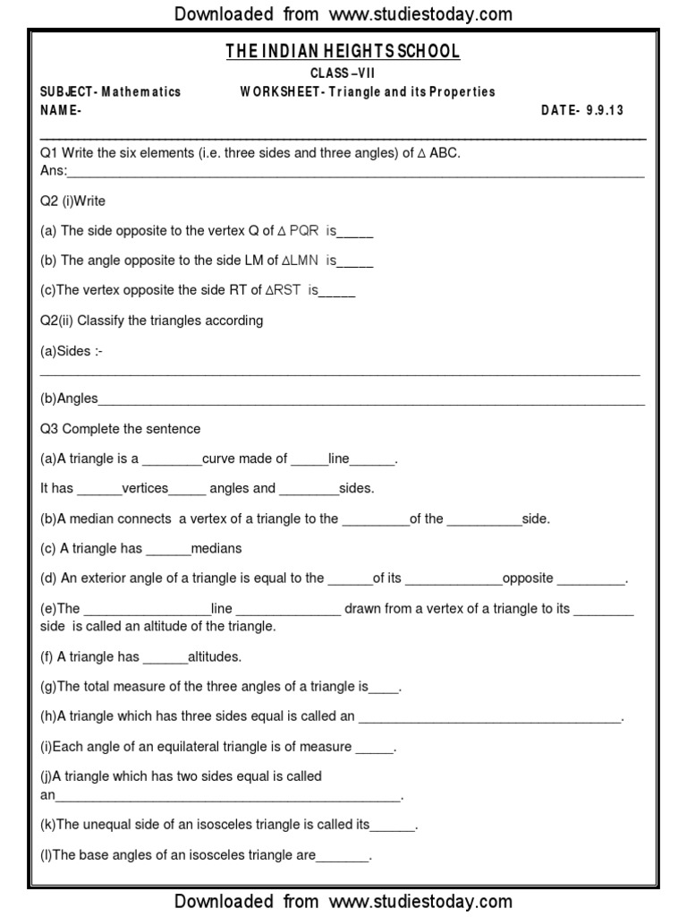 CBSE Clas 7 Maths Worksheet - Triangle and Its Properties | PDF ...