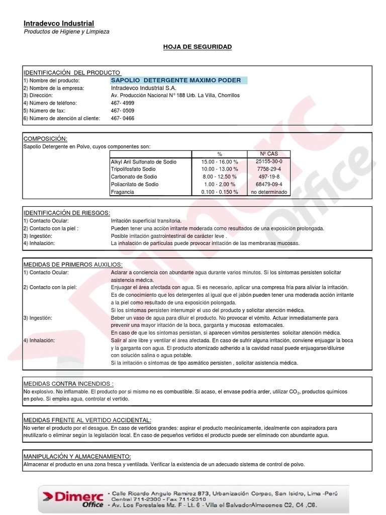 Anexo #2 (PHS) - Ficha Técnica (Detergente) | PDF | Detergente | Agua