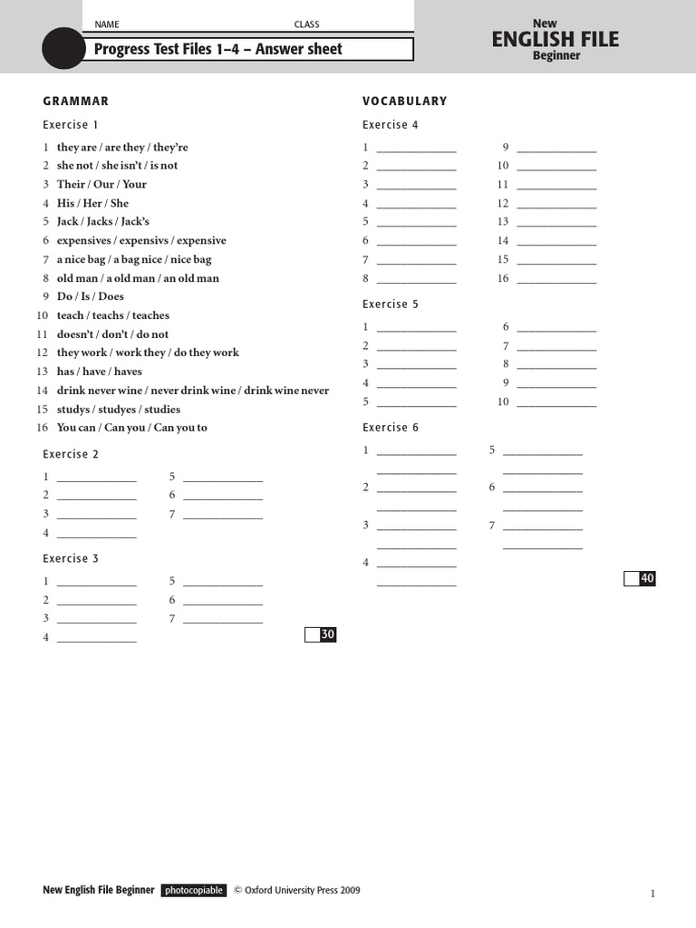 English File: Progress Test Files 1-4 - Answer Sheet | PDF | Linguistics