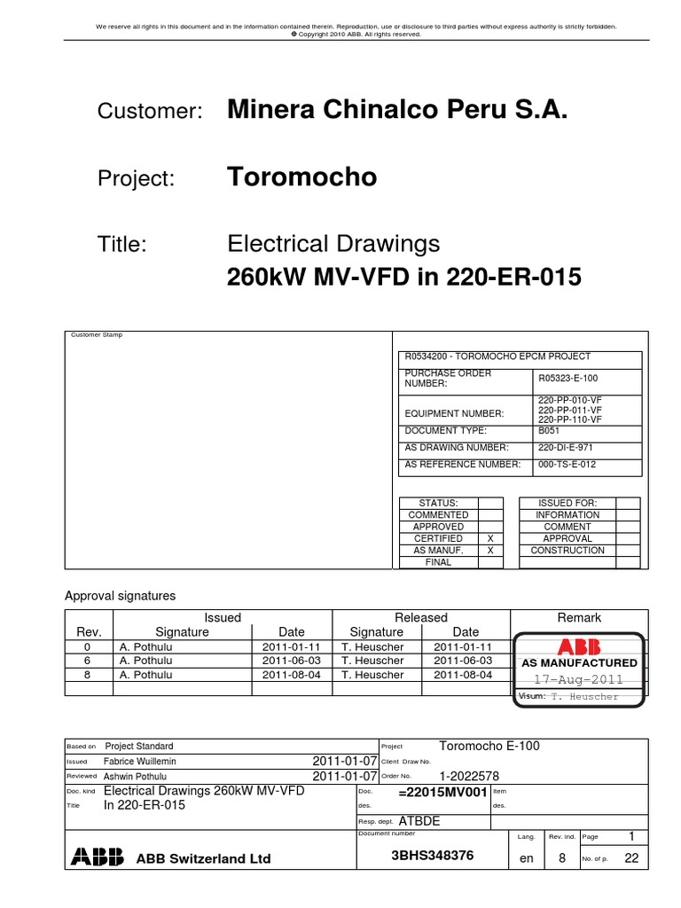 Tor1-22015mv001 r8 MV-VFD Elect Drawings 220-Er-015 260kw Referencial ...
