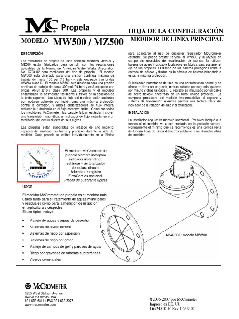 Medidor de Flujo - MC Crometer MW-500 | PDF | Riego | Acero