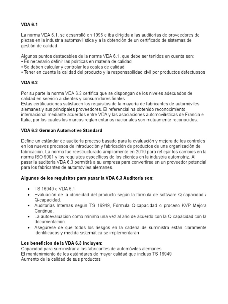 Norma VDA 6.1 y 6.3 en Automoción | PDF