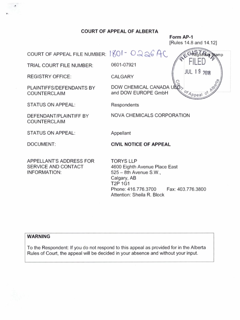 Notice of appeal document in case involving the E3 plant in Alberta ...