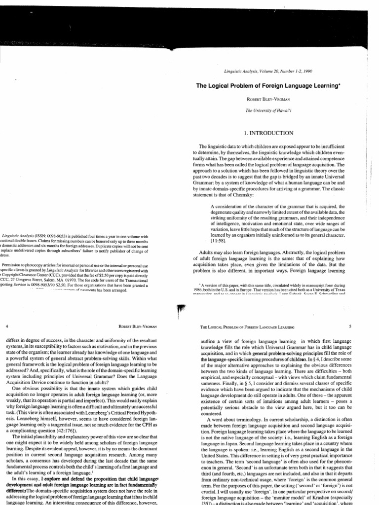 Bley Vroman 1990 PDF | PDF | Language Acquisition | Second Language ...