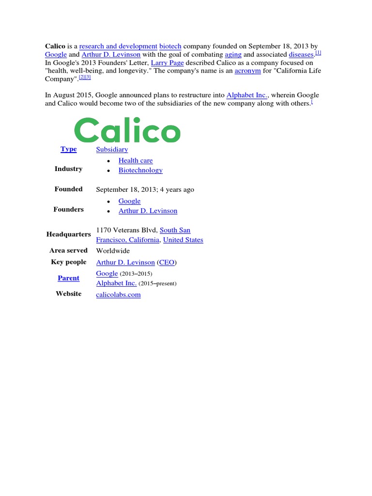 Calico Is A Research and Development | PDF
