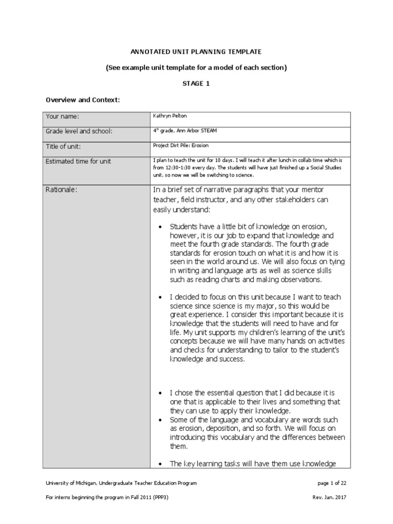 Annotated Unit Planning Template (See Example Unit Template For A Model ...
