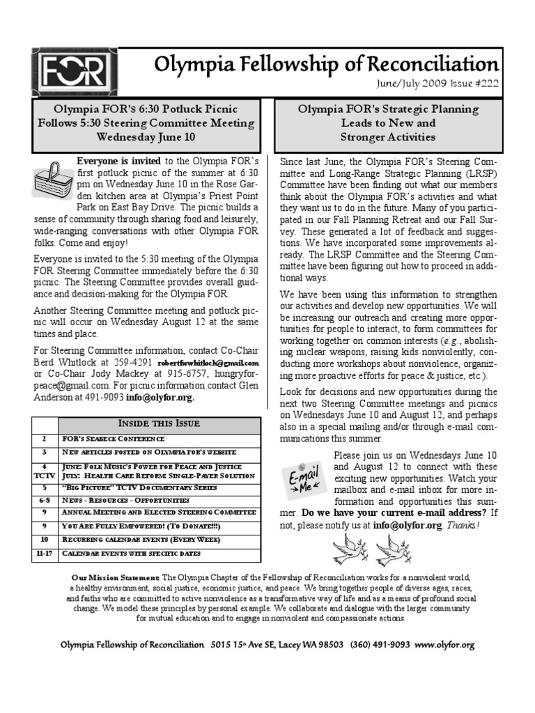 June-July 2009 Olympia Fellowship of Reconciliation Newsletter | PDF ...