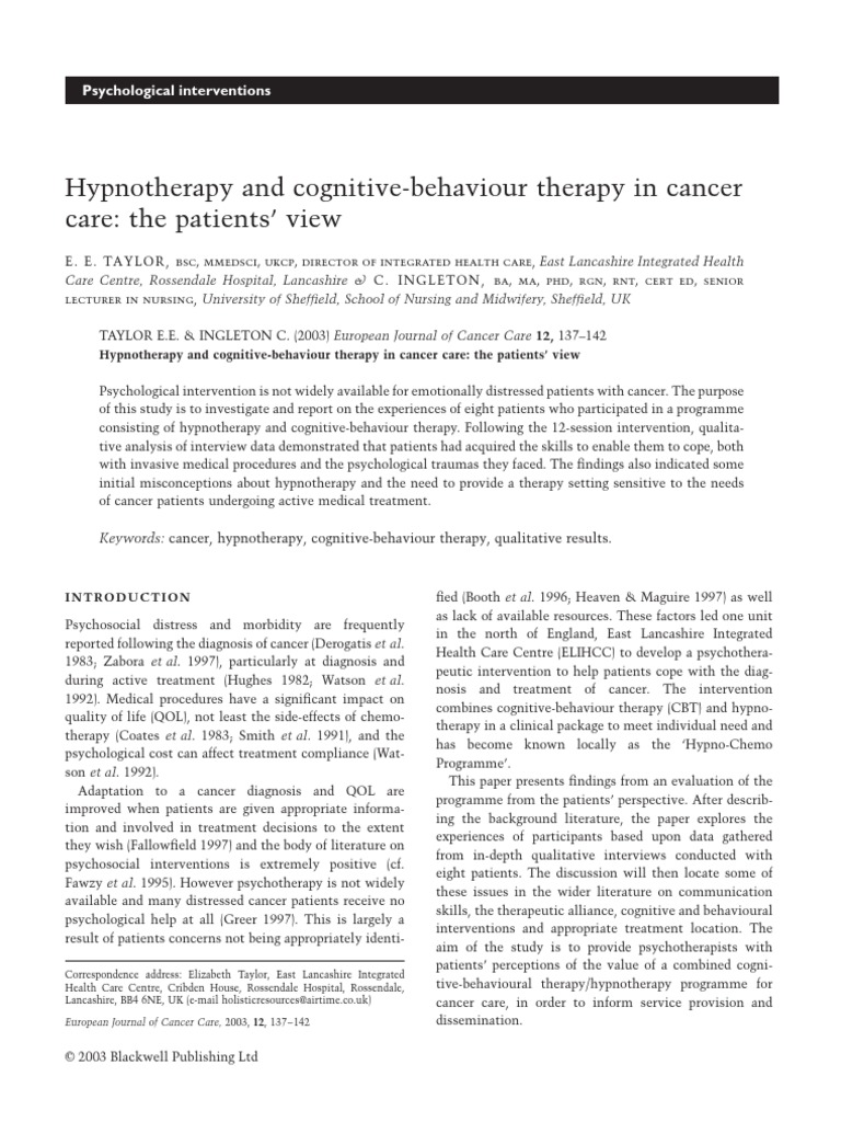 Hypnotherapy and Cognitive-Behaviour Therapy in Cancer Care - The ...