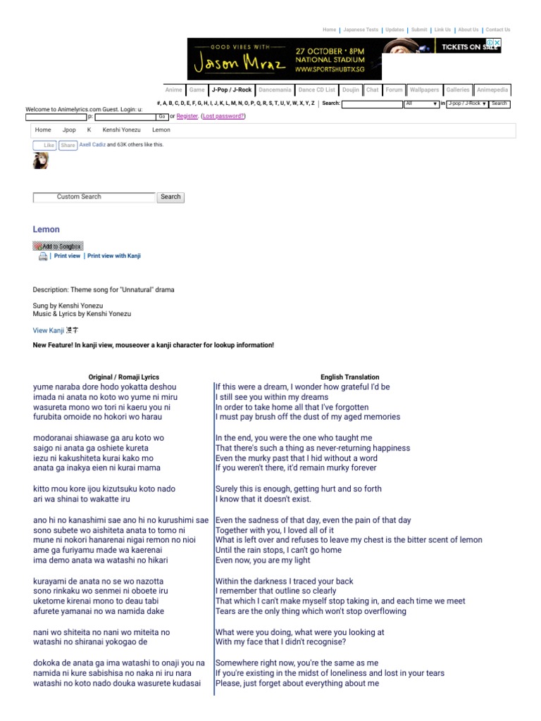 Anime Lyrics Dot Com - Lemon - Kenshi Yonezu Yonezu Kenshi - Jpop | PDF ...