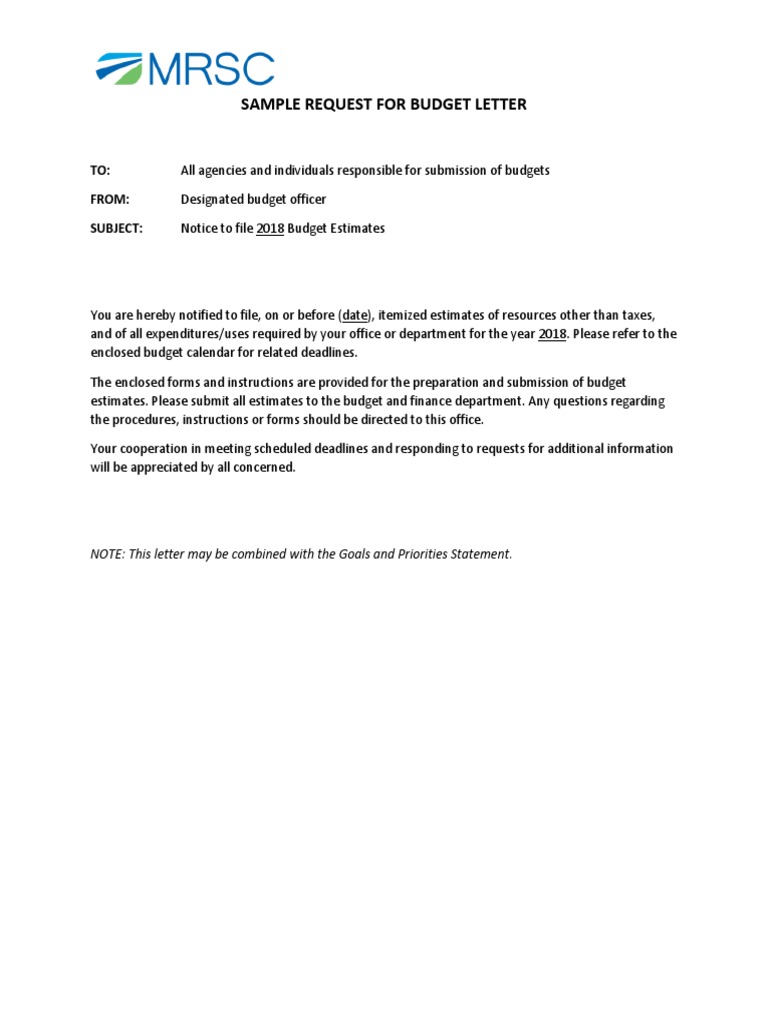 Sample Request For Budget Letter: TO: From: Subject | PDF