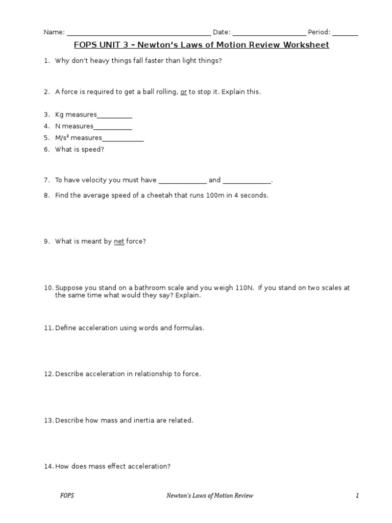 Newton's Laws of Motion Review Worksheet | PDF | Force | Mass