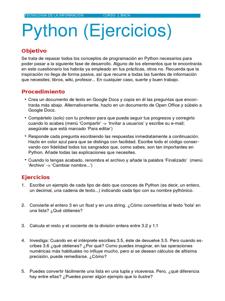 Python (Ejercicios) PDF | PDF | Python (lenguaje de programación) | Informática