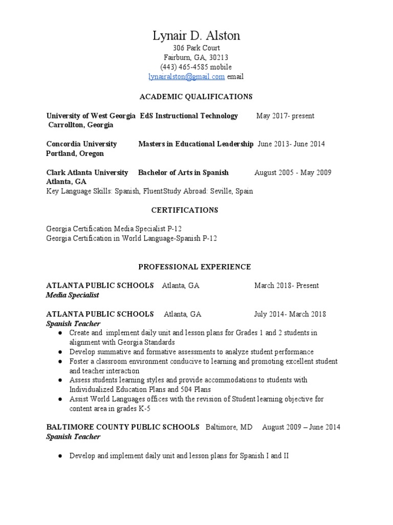 Lynair Alston Resume Final | PDF | Teachers | Cognition