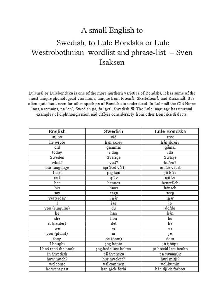 A Small English - Swedish - Lule Bondska or Lule Westrobothnian ...