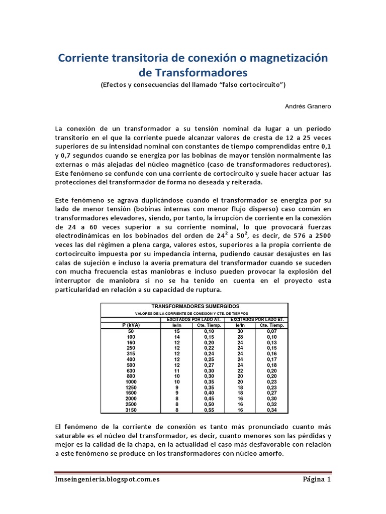 Corriente Transitoria de Conexión o Magnetización de Transformadores ...