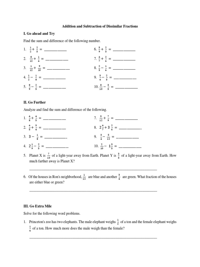 Dissimilar Fractions Worksheet | PDF | Subtraction | Pizza