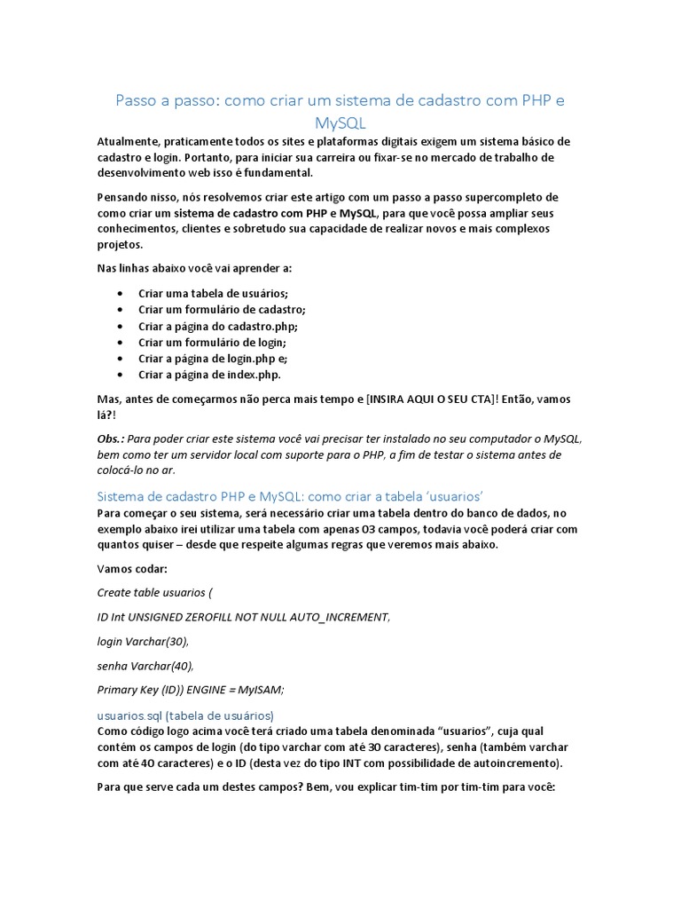 Sistema de cadastro PHP e MySQL em 7 passos | PDF | Php | Folhas de ...