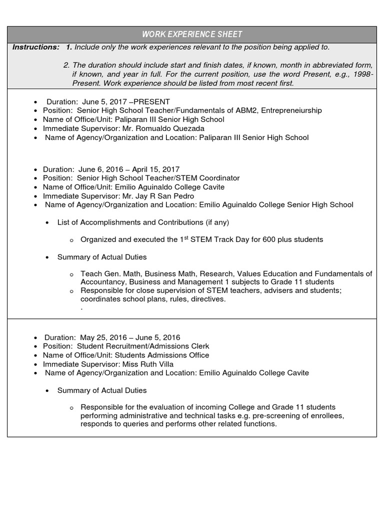 CS Form No. 212 Attachment - Work Experience Sheet | Accounts Payable ...