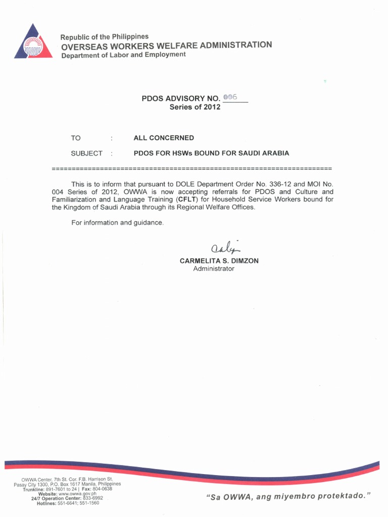 PDOS Notice for HSWs to Saudi Arabia | PDF | Economy Of The Philippines ...