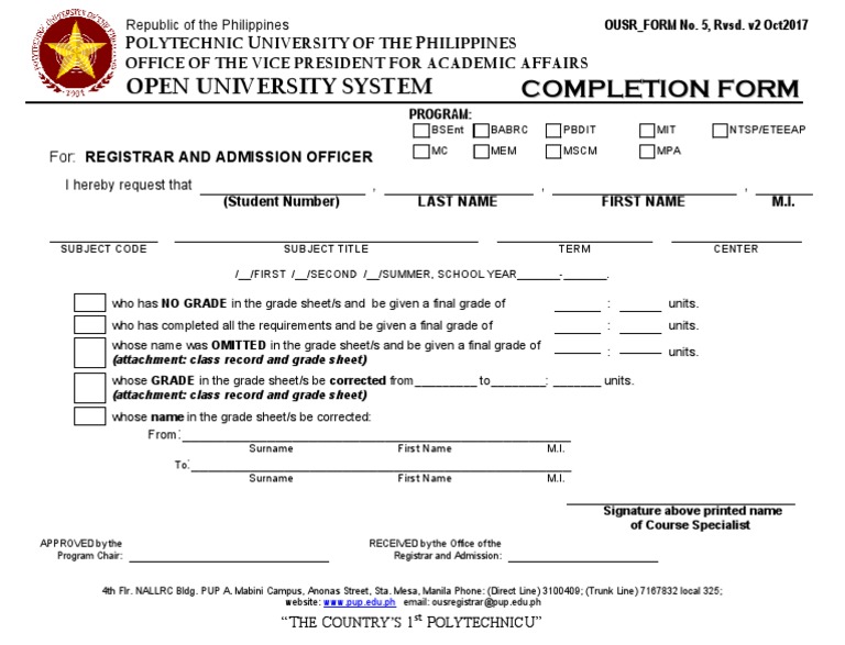 PUP OUS Application For Completion 2017 | PDF | Behavior Modification