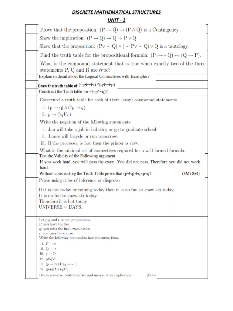 Discrete Mathematical Structures Unit - 1: Draw The Truth Table of ...