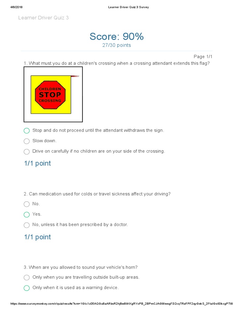 Learner Driver Quiz 3 Results | PDF | Traffic | Traffic Light