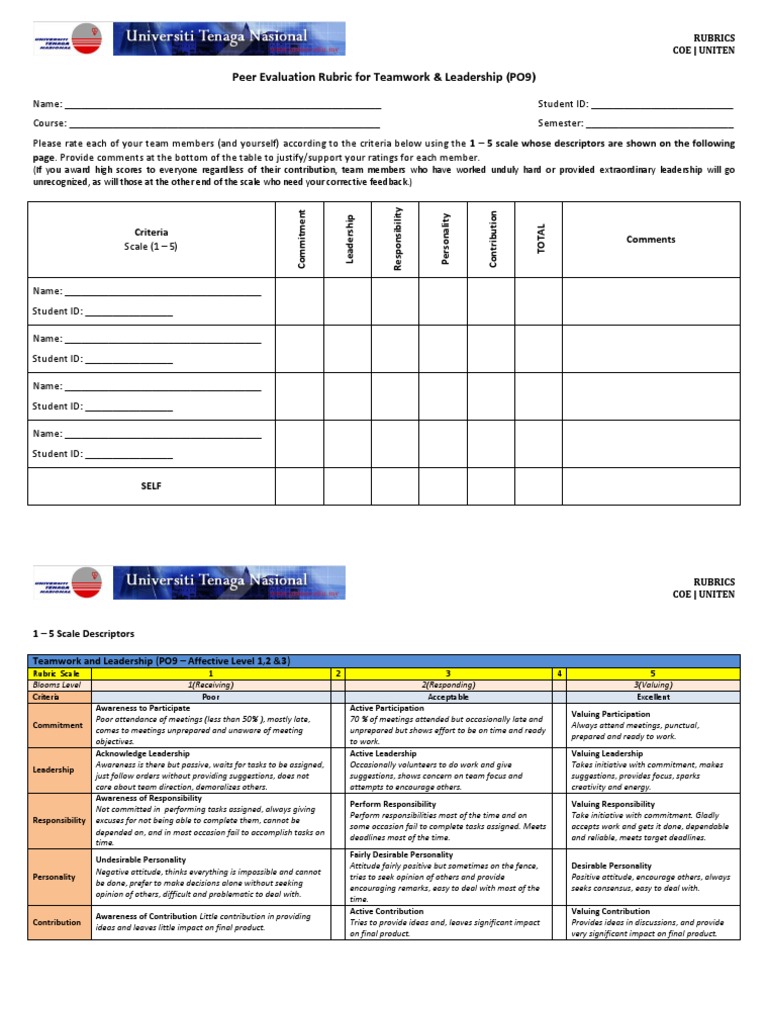 Peer Evaluation Rubric for Teamwork & Leadership (PO9) | Rubric ...