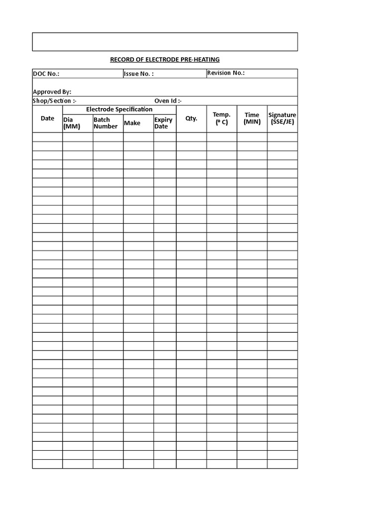 Record of Electrode Pre-Heating: DOC No.: Issue No.: Revision No ...