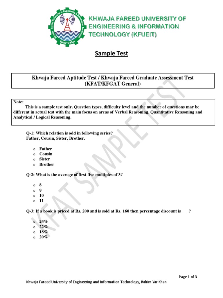 Sample Test: Khwaja Fareed Aptitude Test / Khwaja Fareed Graduate ...