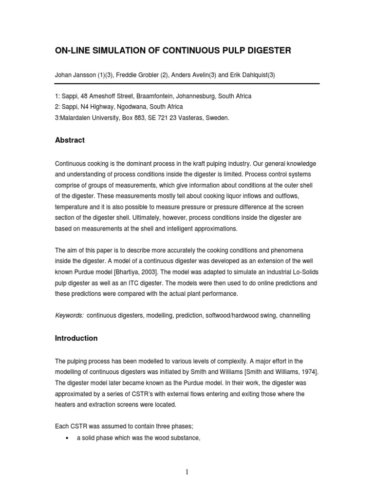 On-Line Simulation of Continuous Pulp Digester | PDF | Pulp (Paper) | Chemistry