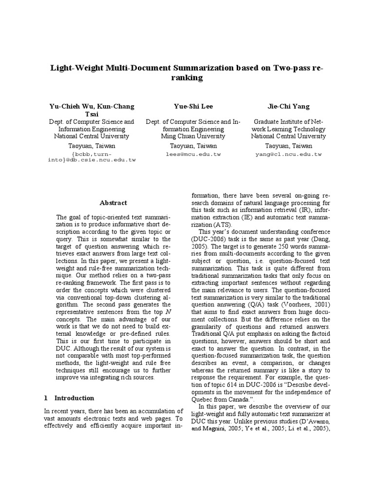 Light-Weight Multi-Document Summarization Based On Two-Pass Re-Ranking | PDF | Cluster Analysis ...