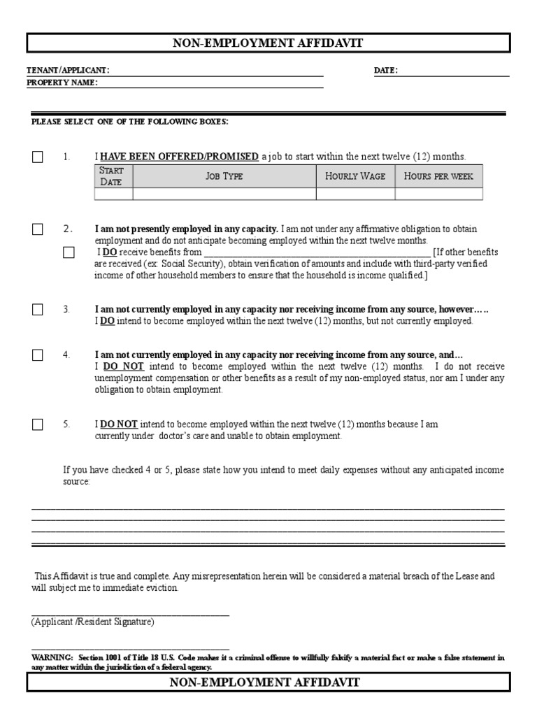 Zero Income Affidavit Form | PDF | Unemployment Benefits | Employment