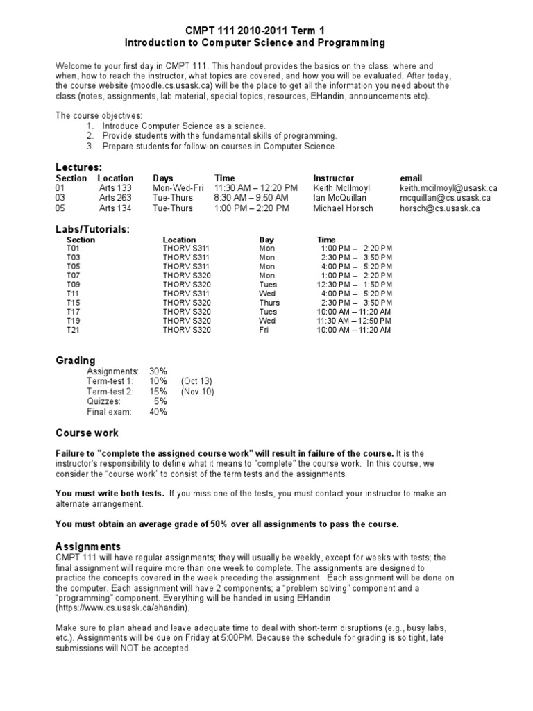 Cmpt 111 2010 2011 Term 1 Introduction To Computer Science And Programming Pdf Lecture