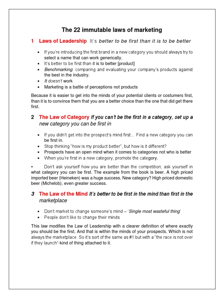 The 22 Immutable Laws of Marketing Summary | PDF | Brand | Marketing