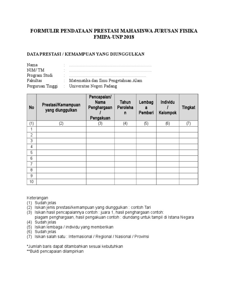 Formulir Pendataan Prestasi Mahasiswa Jurusan Fisika Fmipa | PDF