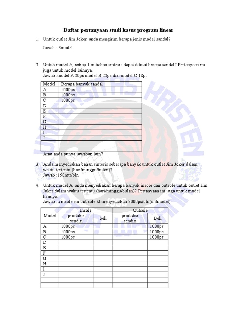 Daftar Pertanyaan Studi Kasus Program Linear | PDF