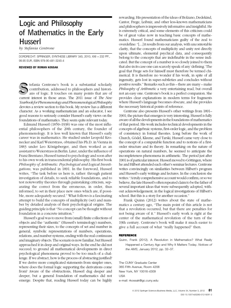 Logic and Philosophy of Mathematics in The Early Husserl | PDF | Edmund ...