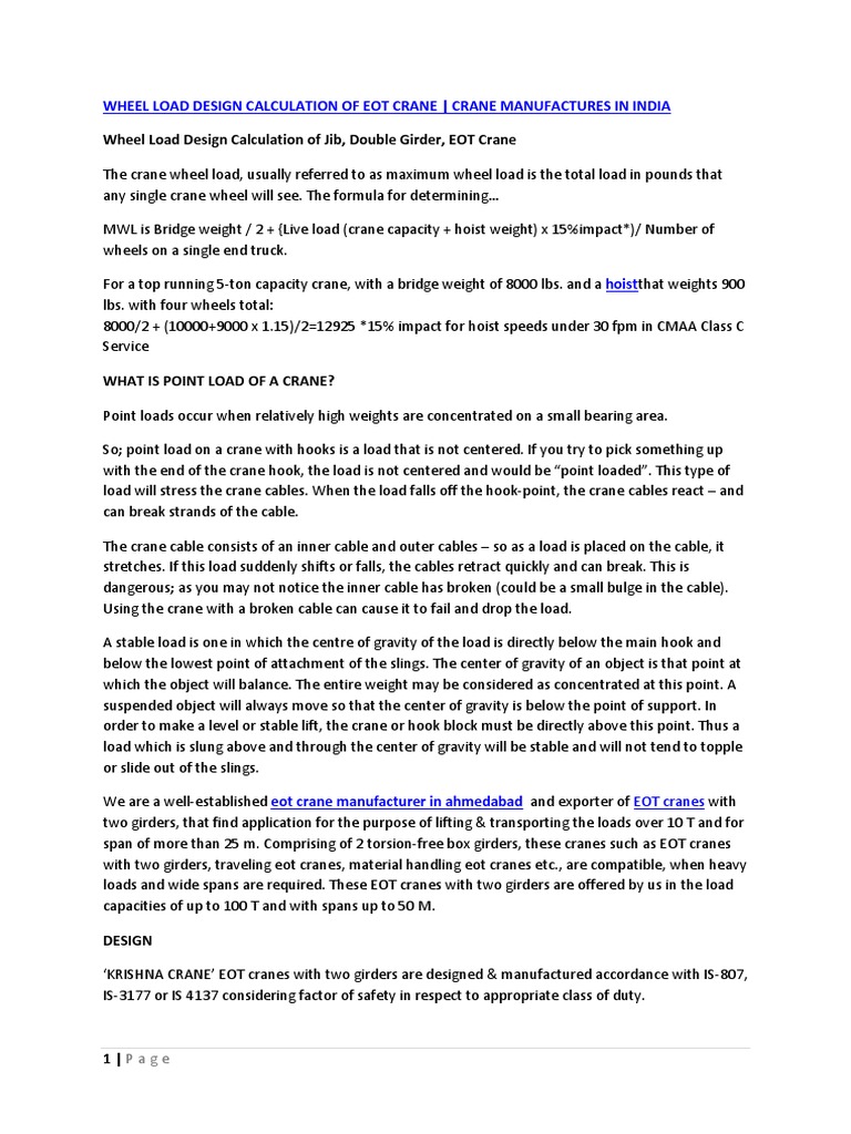 Wheel Load Design Calculation of Eot Crane | PDF | Crane (Machine ...