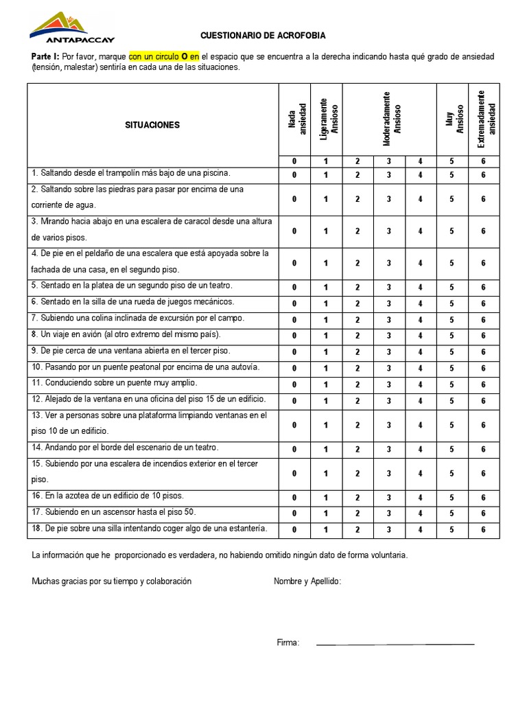 Cuestionario de Acrofobia y Ansiedad | PDF | Violencia | Agitación