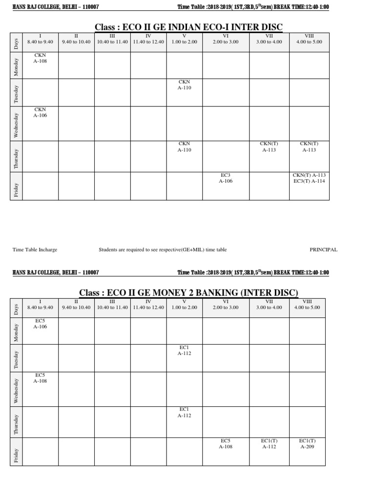 Generic Elective (GE) Arts and Commerce Time Table-2018 - 19 | PDF