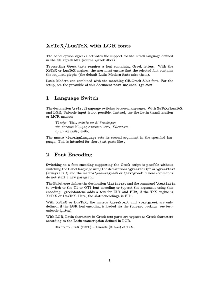 XeTeX/LuaTeX Greek Fonts & LGR Encoding | PDF | Te X | Character Encoding