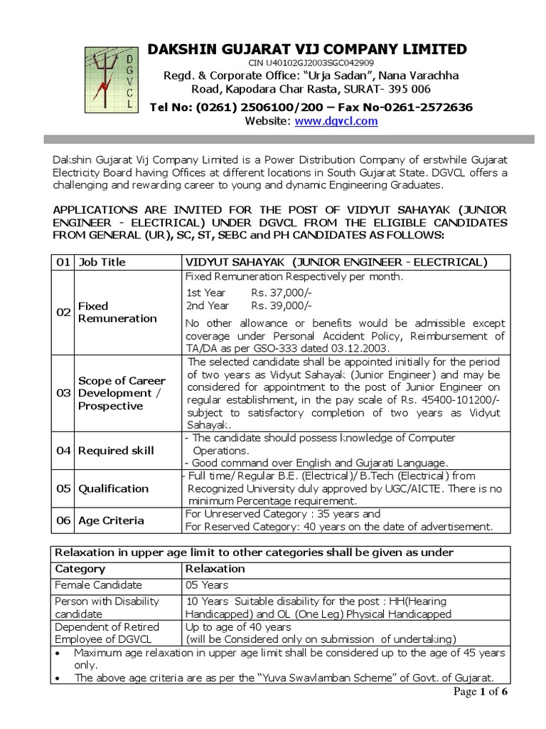 Dakshin Gujarat Vij Company Limited: Tel No: (0261) 2506100/200 - Fax No-0261-2572636 | Download ...