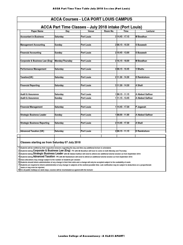 Acca Timetable July 2018 - PT P-Louis | PDF | Accounting | Economies