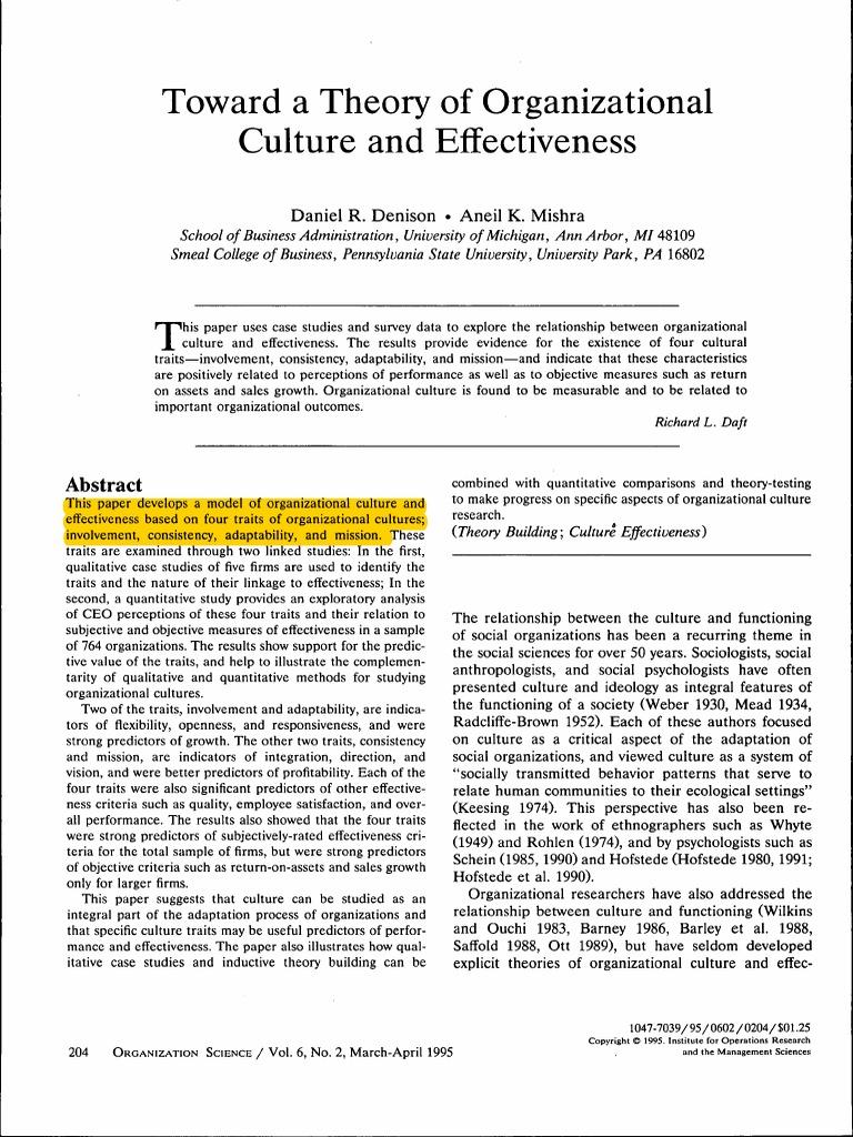 Theory of Organizational Culture and Effectiveness | PDF ...
