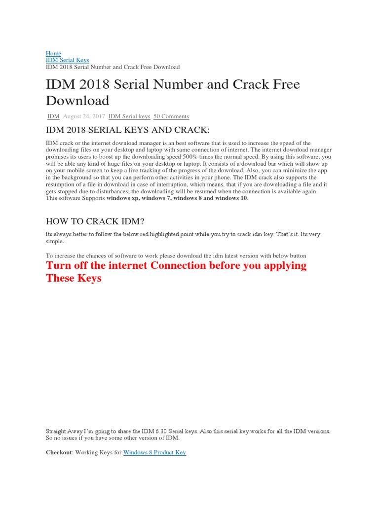 IDM 2018 Serial Number and Crack Free Download: Turn Off The Internet ...
