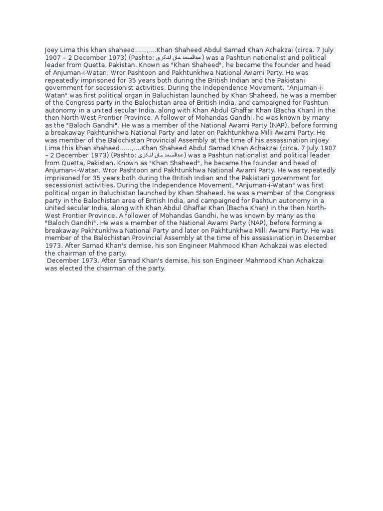 Legacy of Khan Shaheed Abdul Samad Achakzai | PDF | Politics Of ...