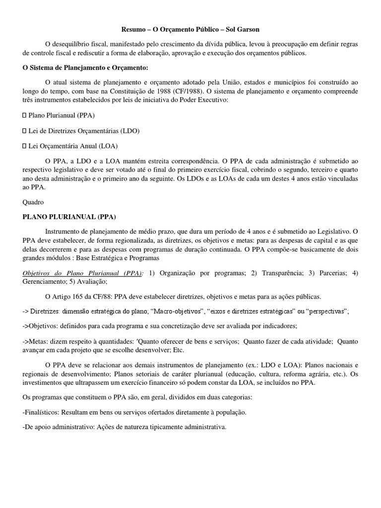 Resumo - O Orçamento Público - Sol Garson | PDF | Orçamento ...