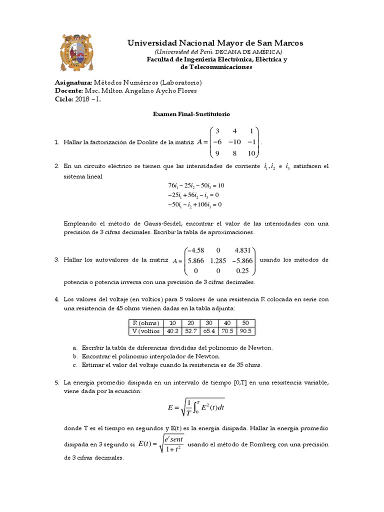 Examen Final Metodos Numericos Lab | PDF | Análisis numérico | Resistencia Eléctrica y Conductancia